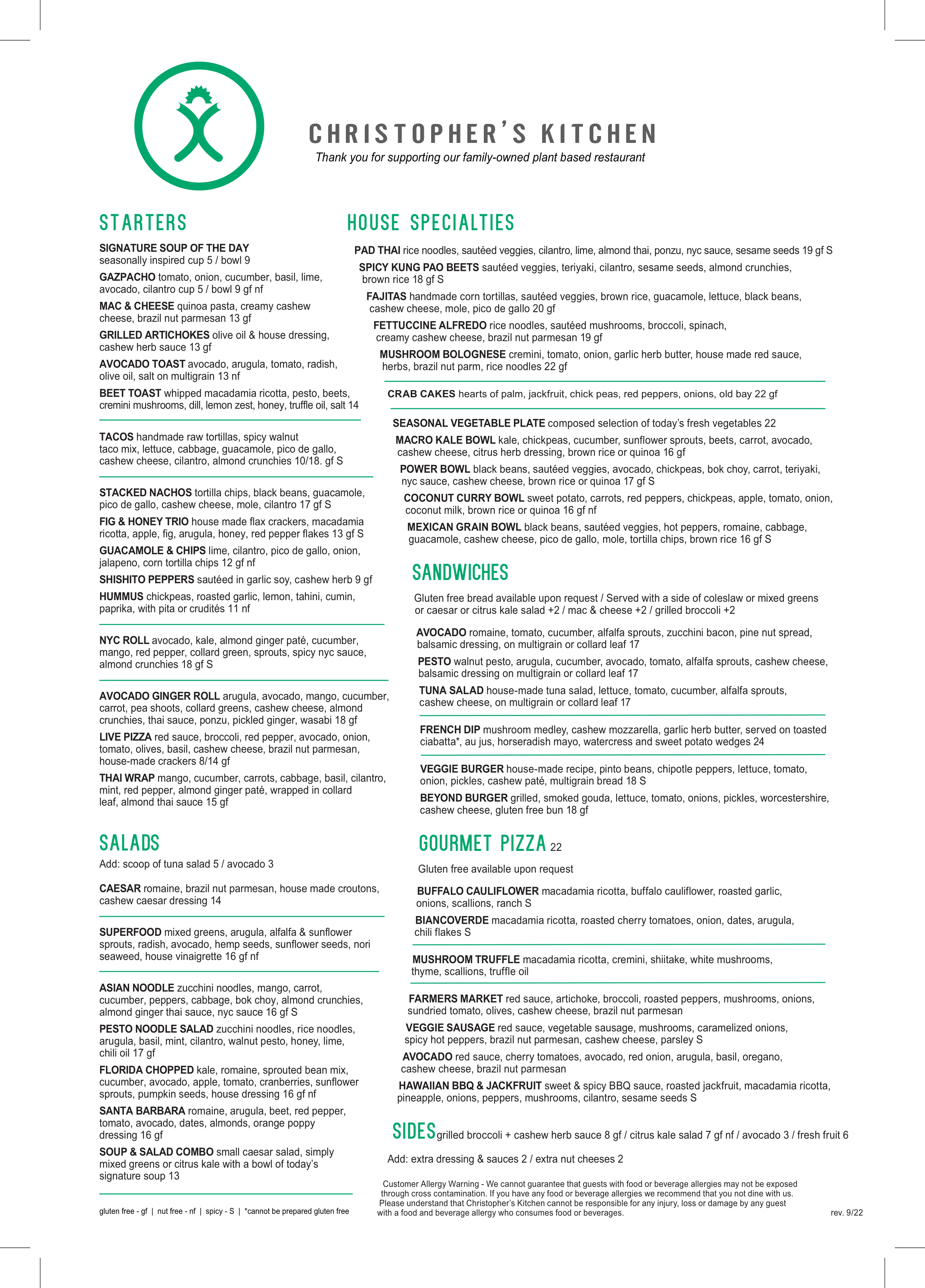 Menu – Christophers Kitchen